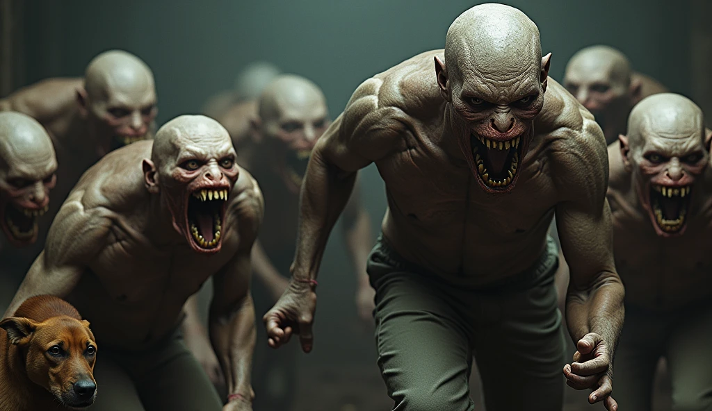 Virus infexted ,pale skin ,bald mutant humans,and their mutant dogs ...