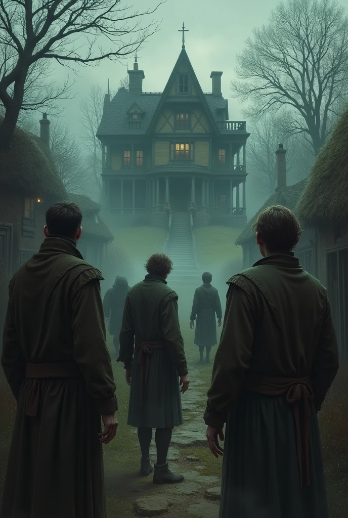 Villagers standing at a distance from the old mansion, looking fearful ...