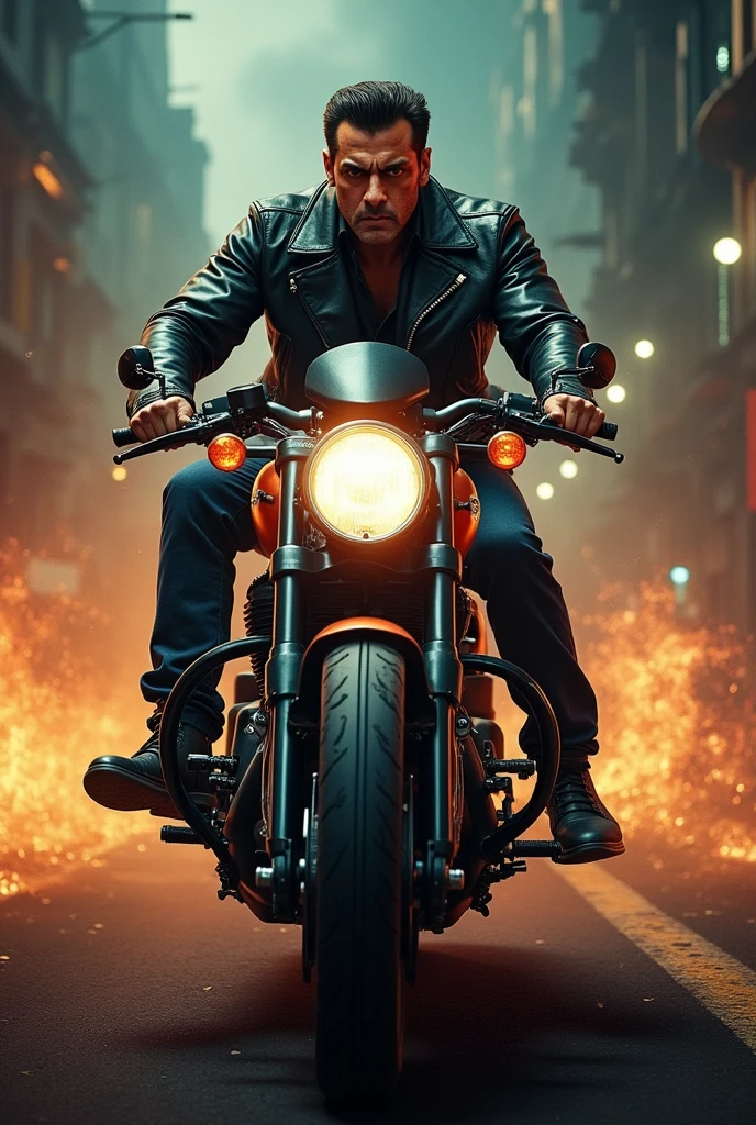 Salman Khan massy look movie Poster. Salman Khan riding bike - SeaArt AI