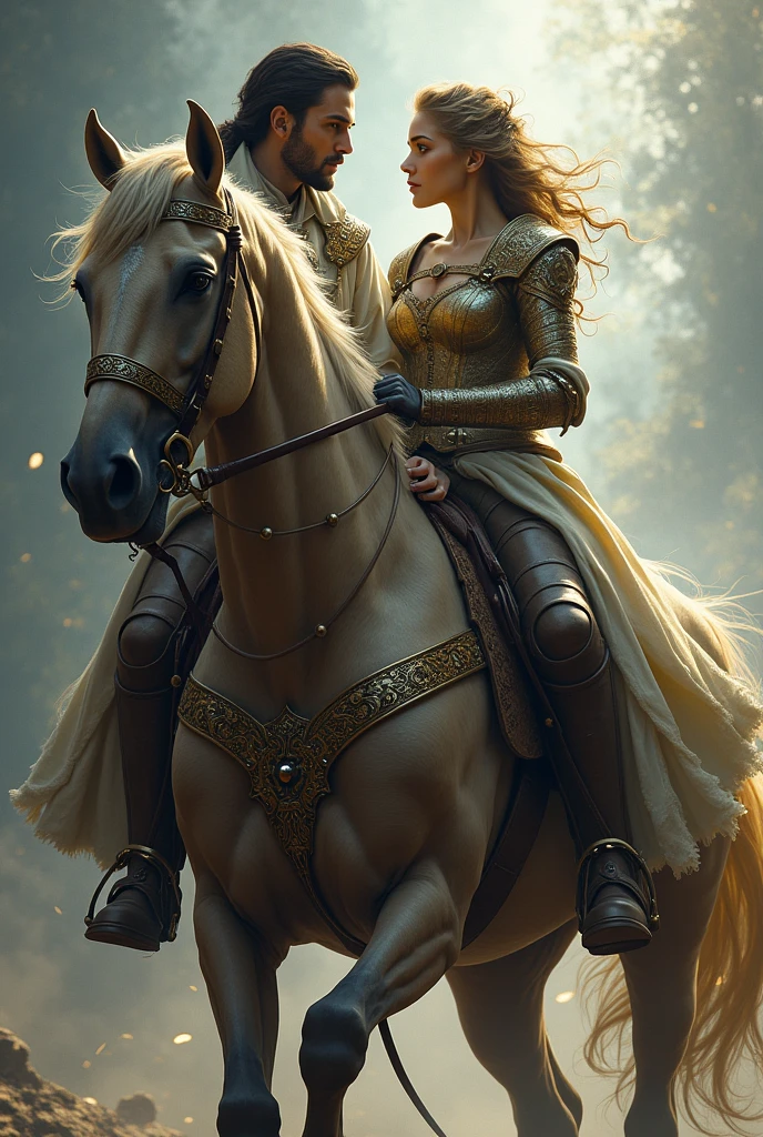 "A man and a woman riding the same horse, with a fantasy-like atmosphere - SeaArt AI