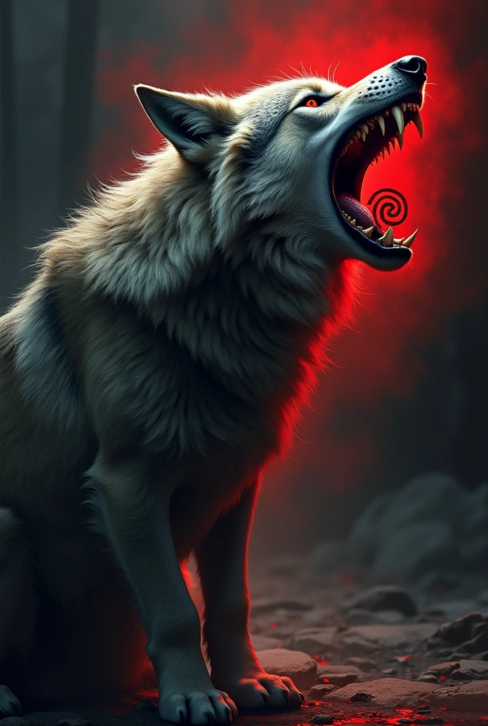 Bleeding wolf in profile with the triquetra symbol of three spirals in ...