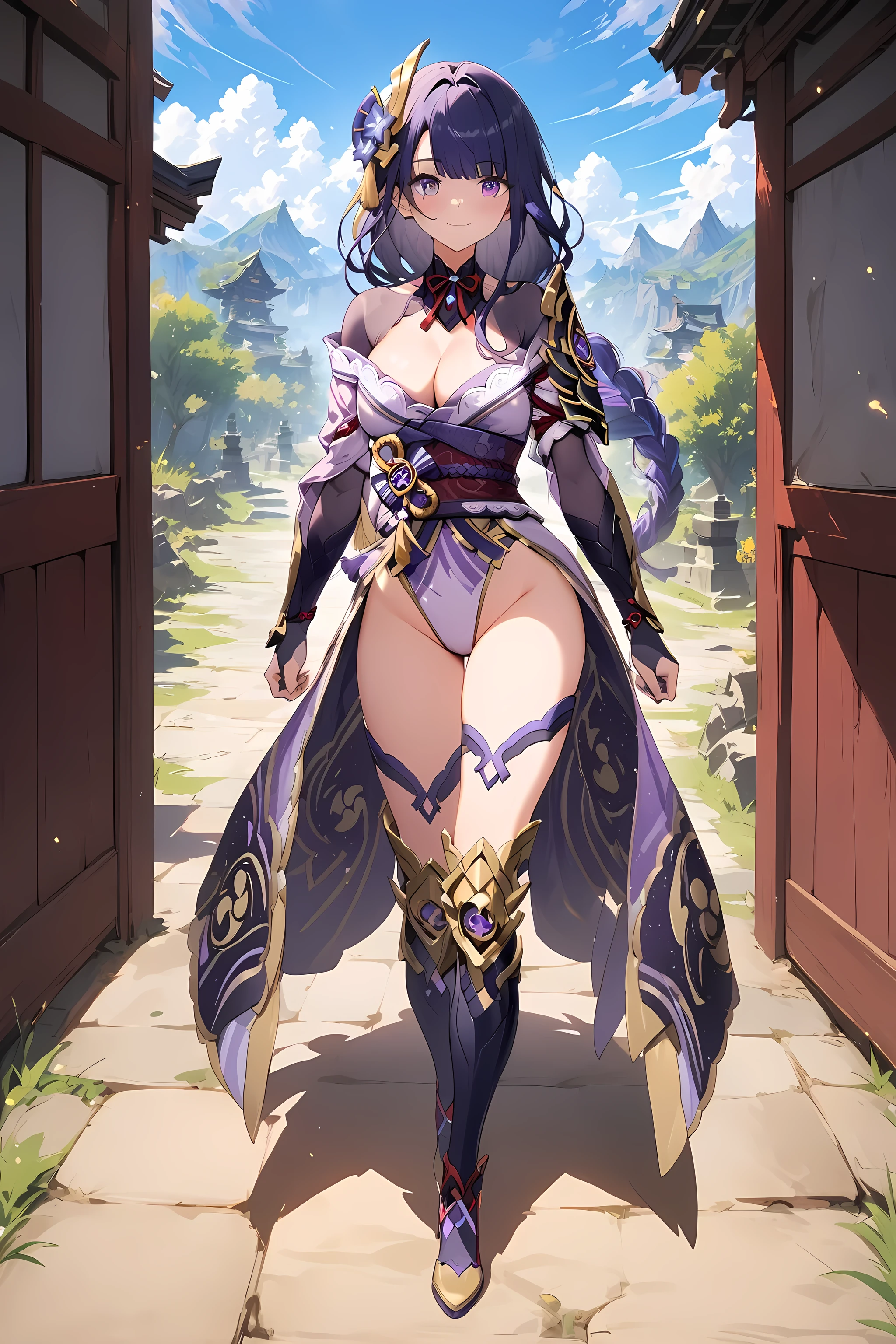 A woman in a purple dress and a long coat walking down a path - SeaArt AI