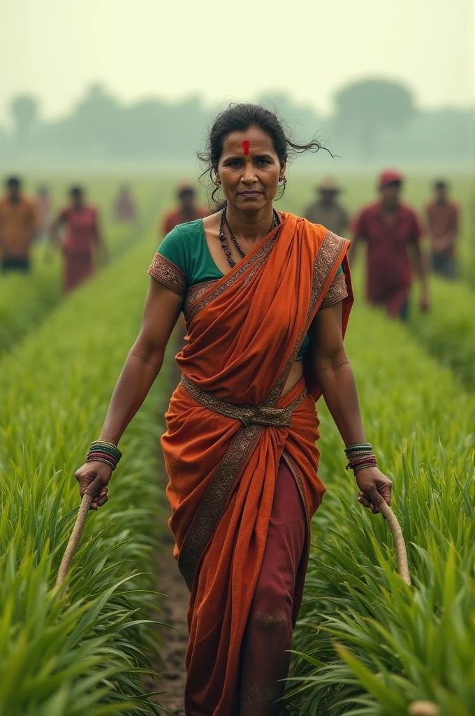 Ek aurat khet mein kam kar rahi ho Sadi pahan ke aur uske background mein bahut - SeaArt AI