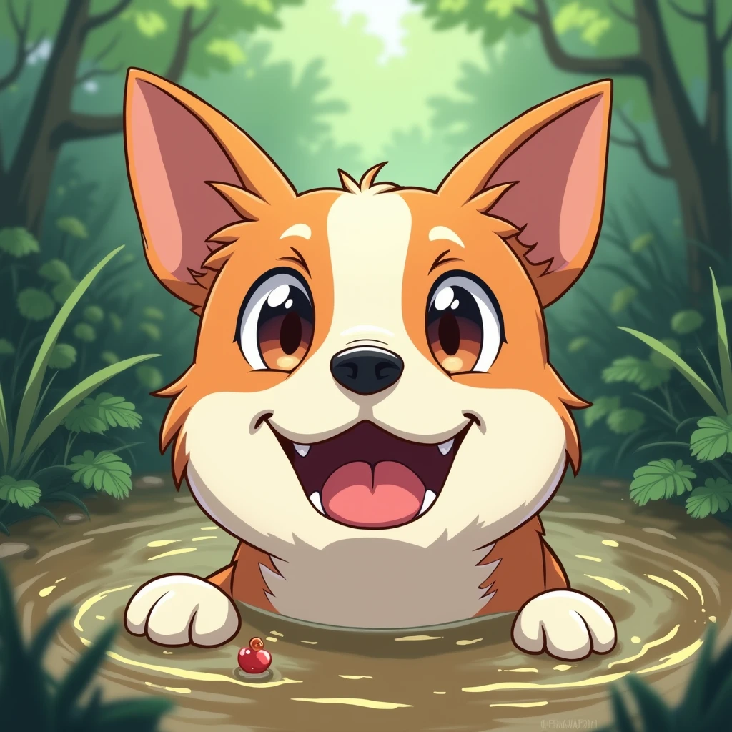 Anime、Cartoon、Dog stuck in a swamp、Only the face is visible、The eyes ...