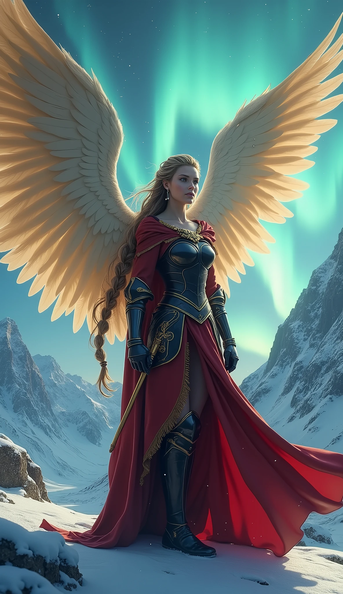 Arafed angel with wings and a cape standing in the snow - SeaArt AI