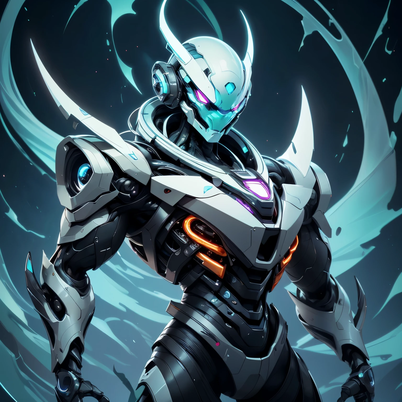 A close up of a robot with a glowing face and a large sword - SeaArt AI