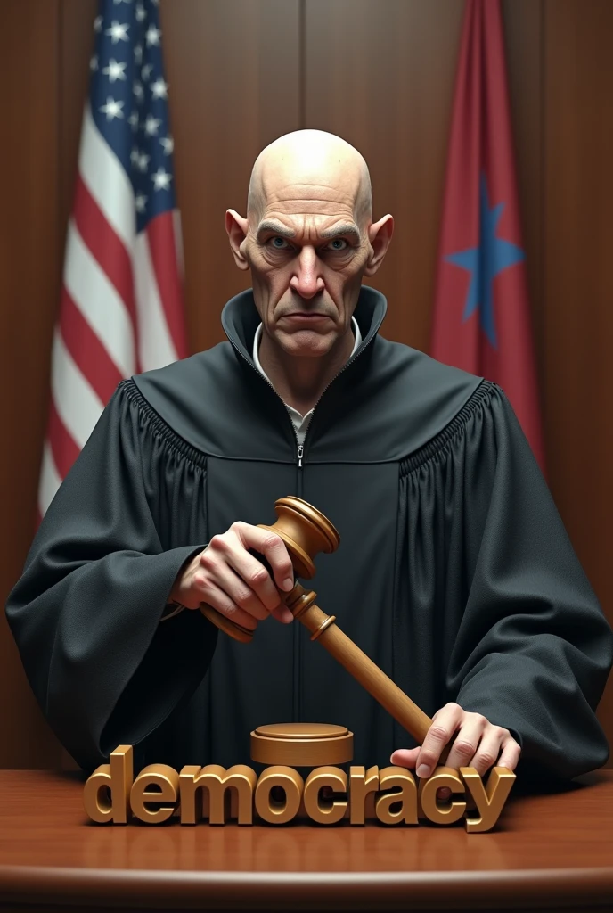 A Judge, Scrawny, tall and bald. Hold the hammer to hit the table ...
