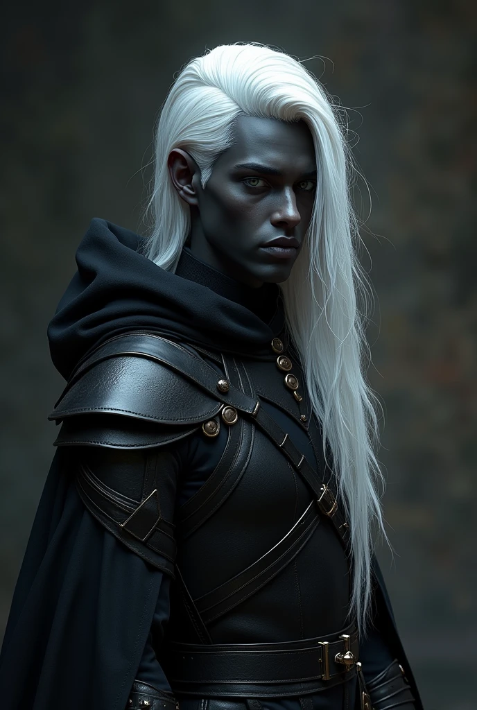 Portrait: A male Drow Elf with ebony skin and long white hair shoulder ...