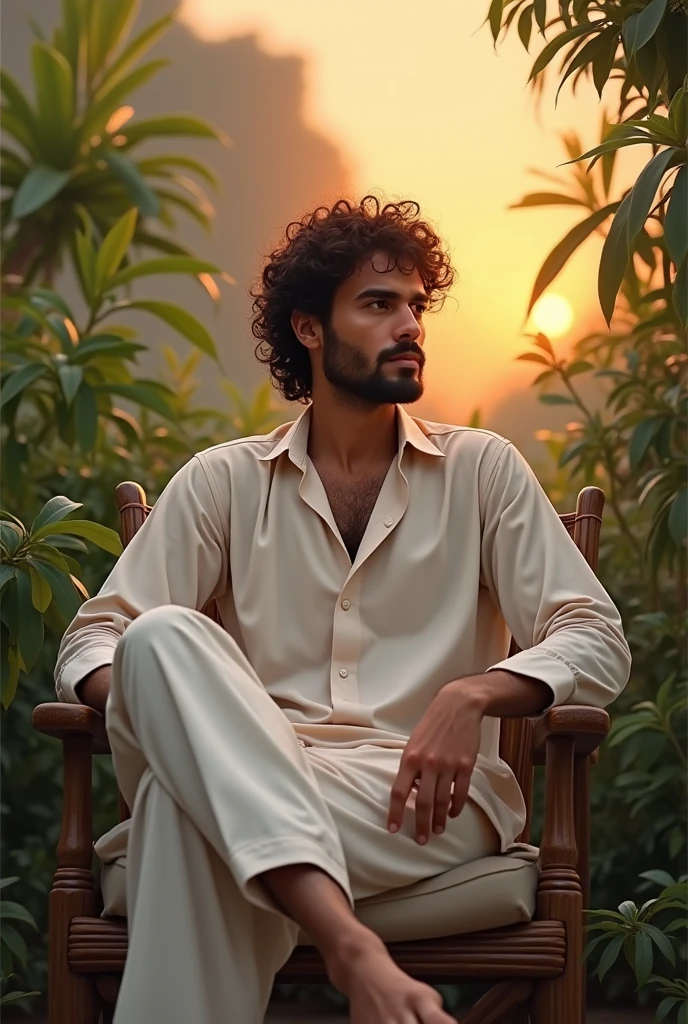(photorealism:1.2), beautiful man sitting on chair wearing loose kurta ...