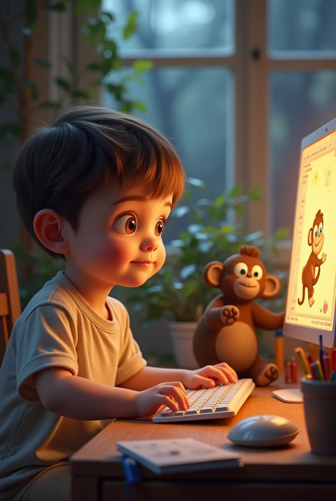 Child, imagining a stuffed monkey, play computer - SeaArt AI