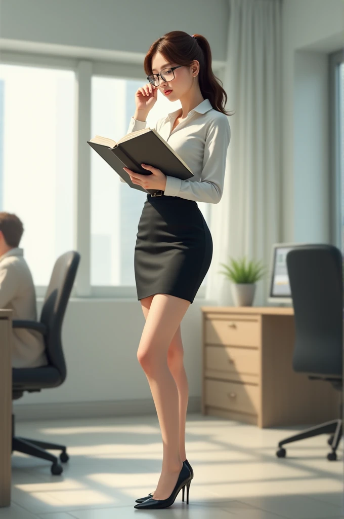 Girl in high heels, secretary clothes,short skirt, holding a book with ...