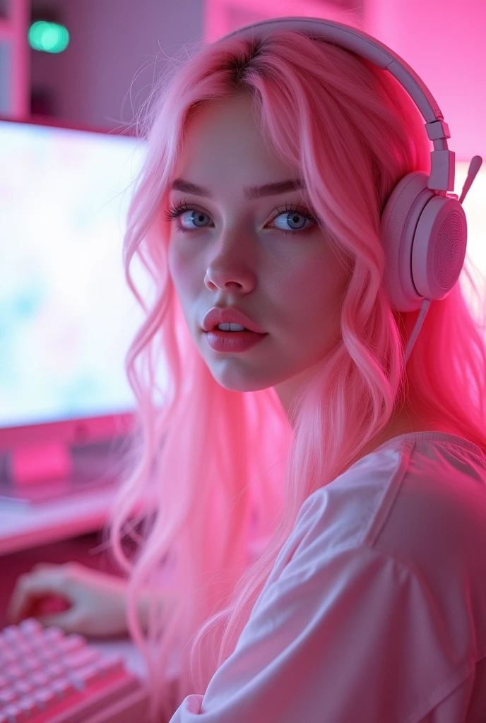 A gamer girl with pink hair and porcelain skin and pink headphones and ...