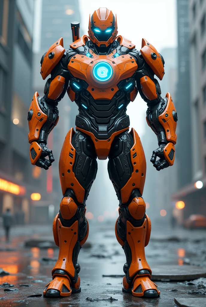 A cyborg orange and black metalic ai superhero and arc on his chest ...