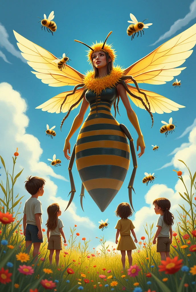 Kids worshipping a bee queen with bees flying around - SeaArt AI