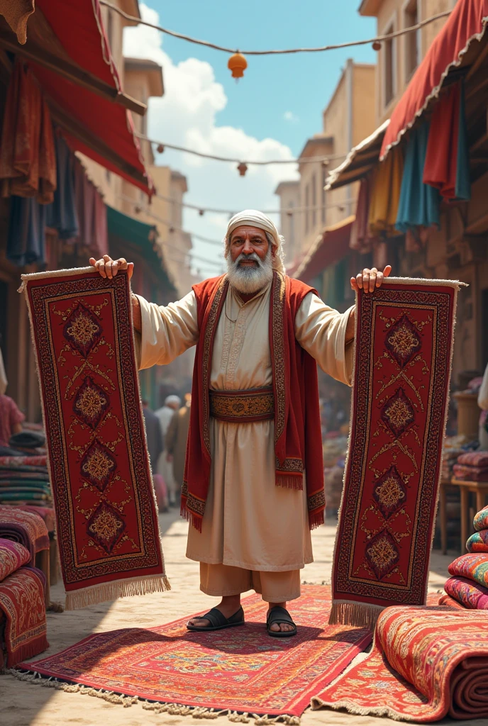 A man showing off rugs - SeaArt AI