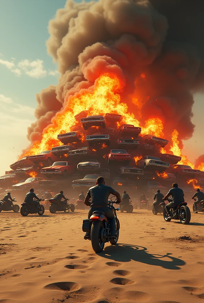 Detailed animated of 100 muscle cars piled up on top of each other and ...