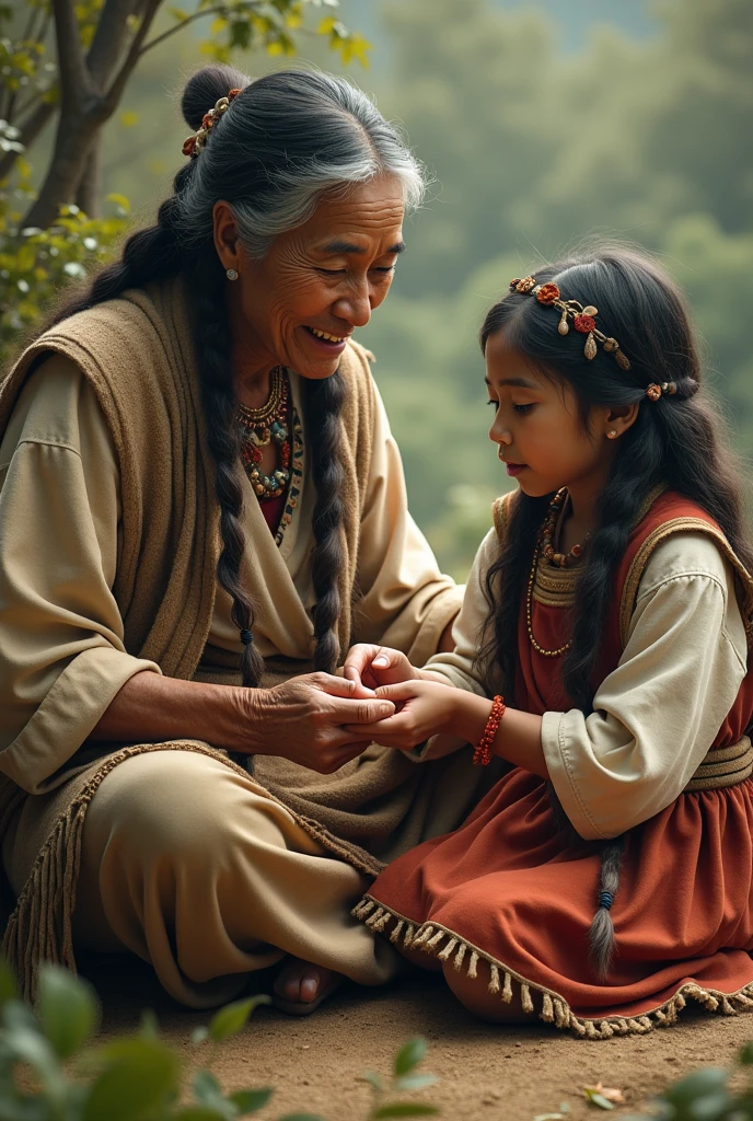 Grandmother of an indigenous group teaching her granddaughter the ...