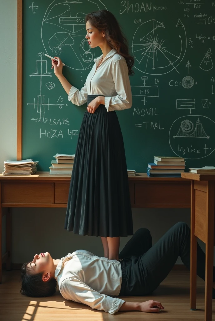 Create a picture of a beautiful teacher standing on the back of a ...