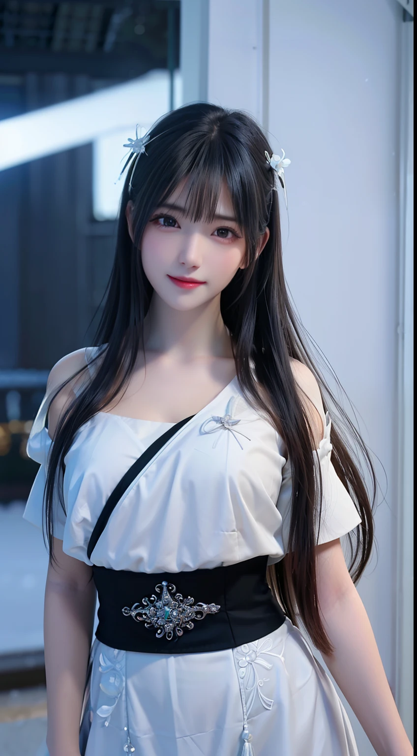 A close up of a woman in a white dress posing for a picture - SeaArt AI