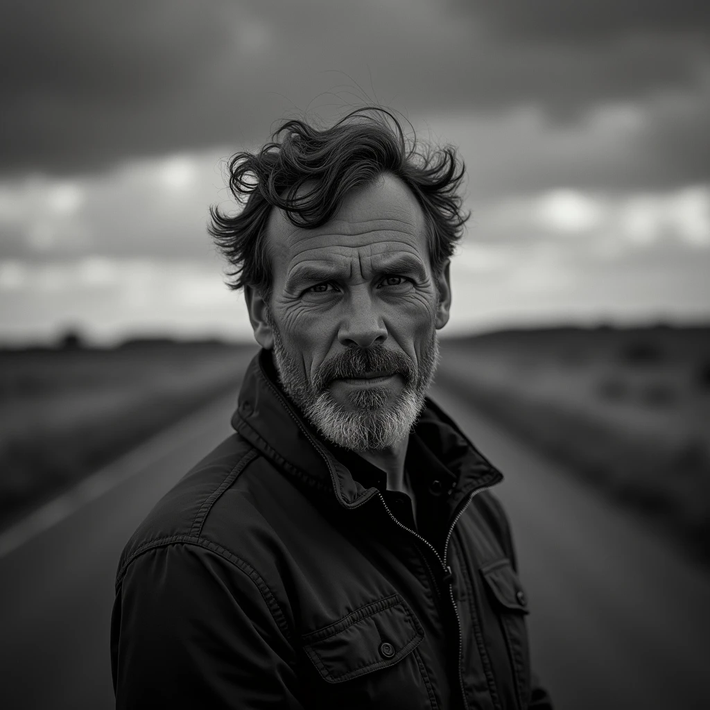Portrait photography of a man, open road, photo by Roger Ballen - SeaArt AI