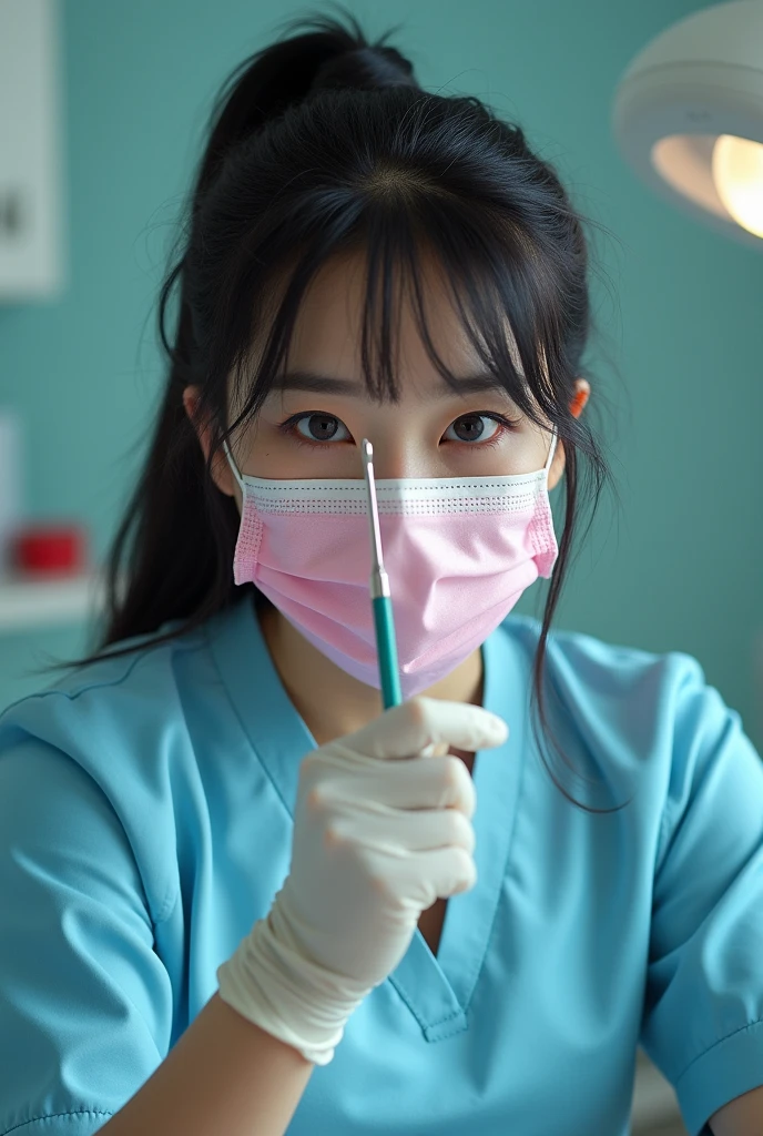 Sexy light blue Korean dentist girl in latex gloves, Wearing a pink mask - SeaArt AI