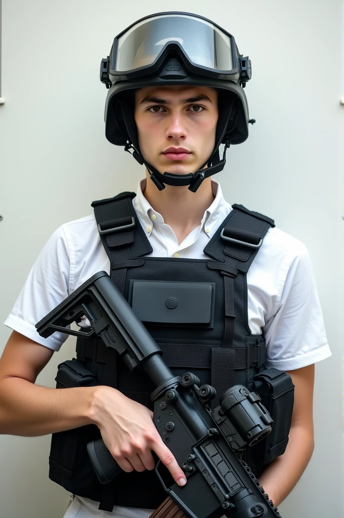 An id photo with a young man around 17, wearing a white shirt with a ...