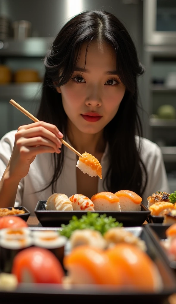 Front view, beautiful Vietnamese woman, eating sushi, sitting at a ...