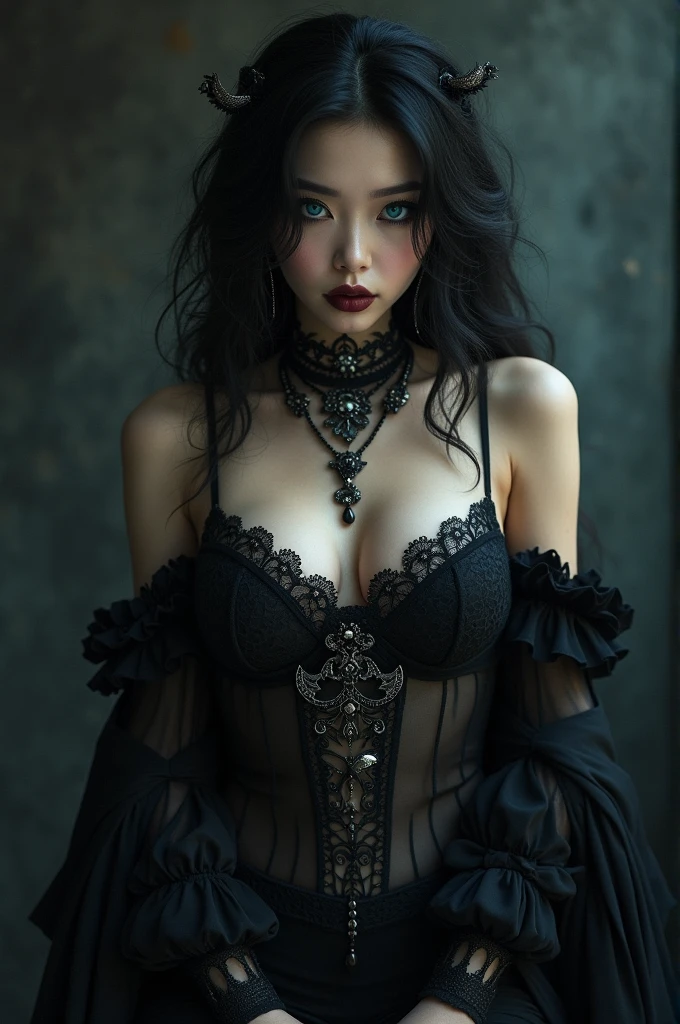 Create an art of an Asian woman with big breasts , blue eyes with gothic clothes - SeaArt AI