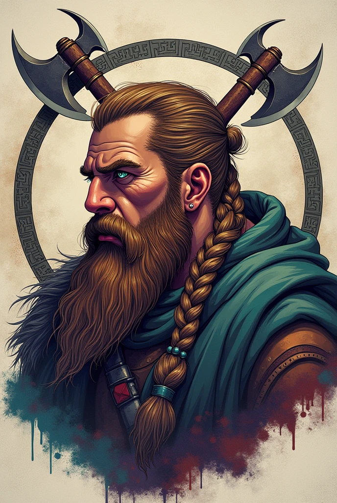 Colored artwork of a male profile with Viking runes and sharp axes in a ...