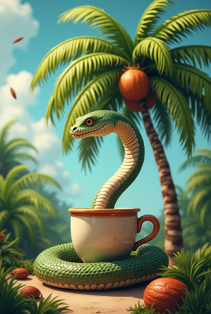 Draw a snake forming a cup and a coconut tree all together as if it ...