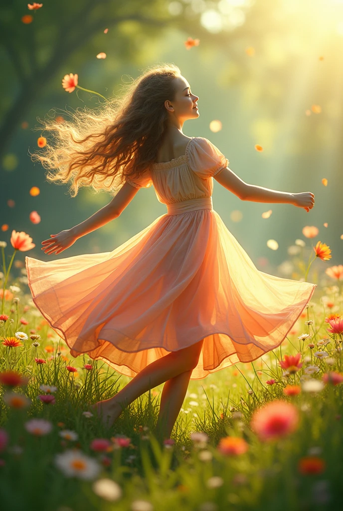 A vibrant, ethereal girl twirling in a sun-kissed meadow, her hair ...