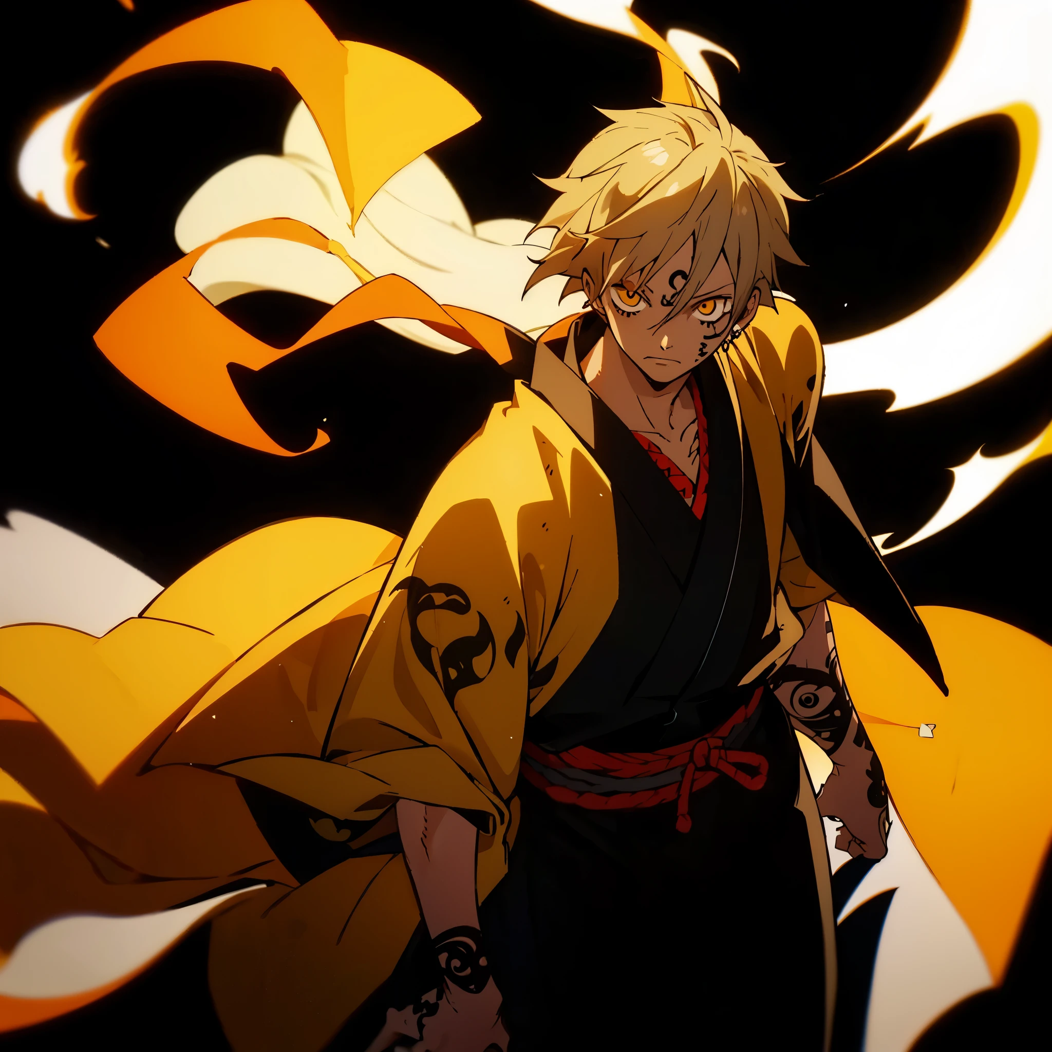 Anime character with yellow hair and black outfit holding a sword ...