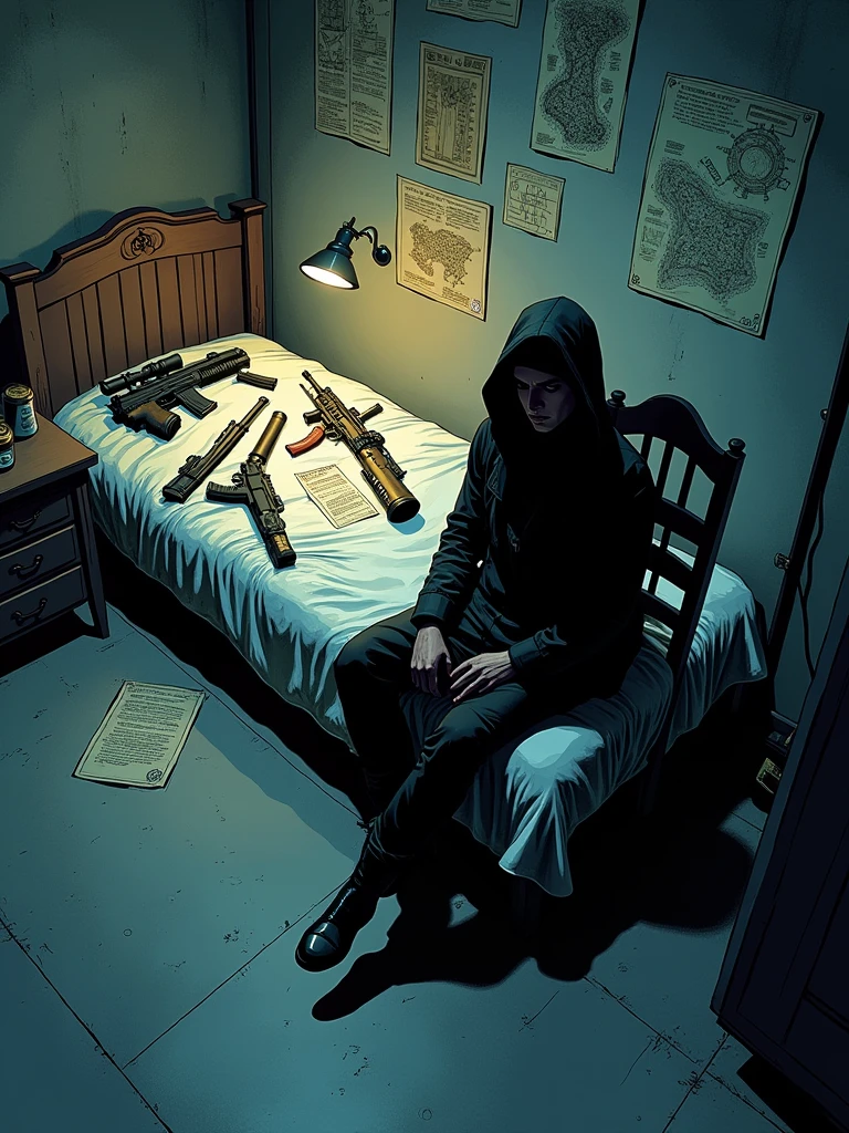 Photorealistic comic illustration of an assassin sitting on a chair ...