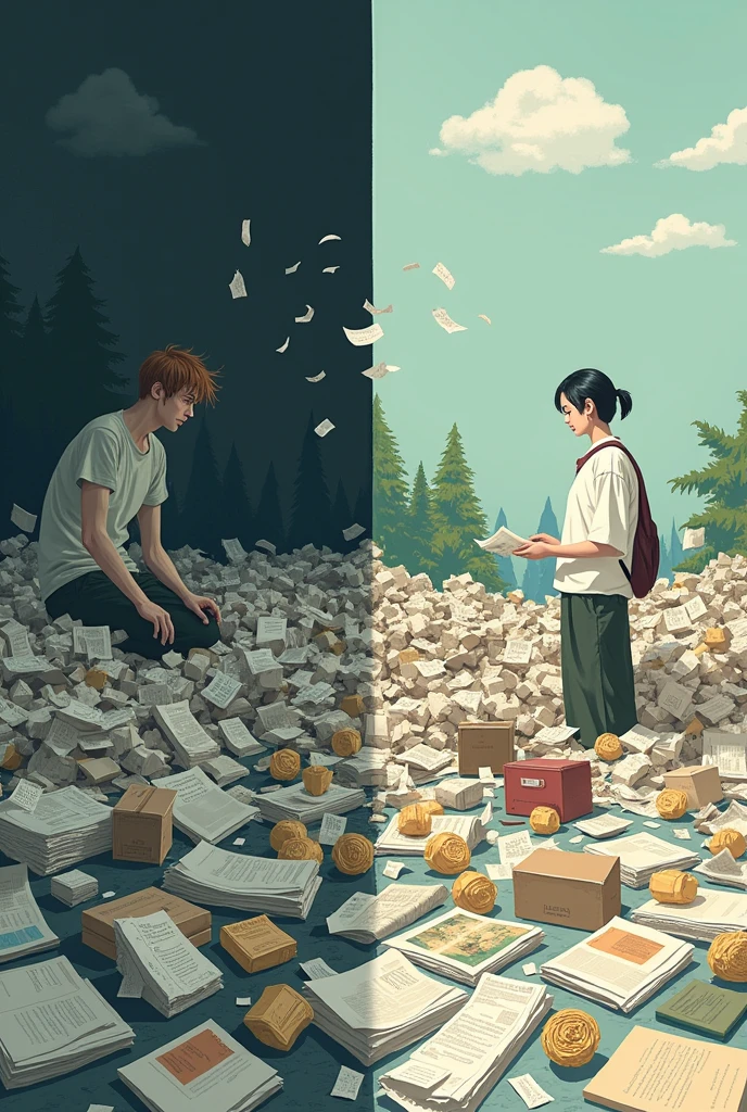 A picture illustrating wasting paper and not wasting paper - SeaArt AI