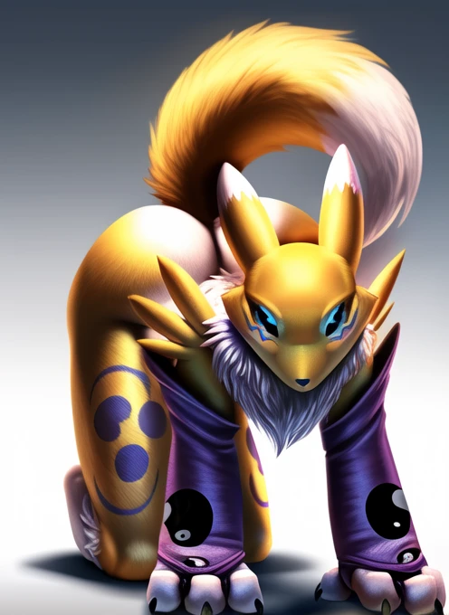 Renamon, furry, ambiguous gender, portrait, kneeling, solo, - SeaArt AI