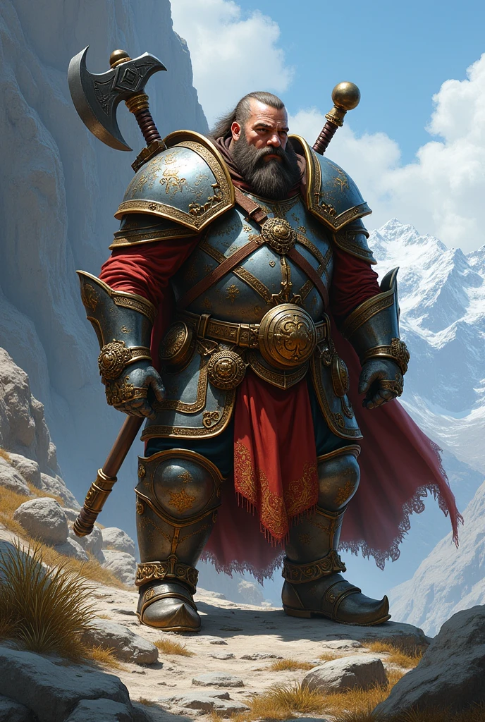 A dwarf cleric in full battle armor and with several weapons on her ...