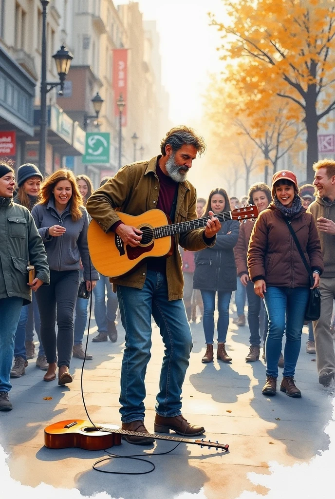 A group of people mockingly laugh and point at a street guitarist who ...