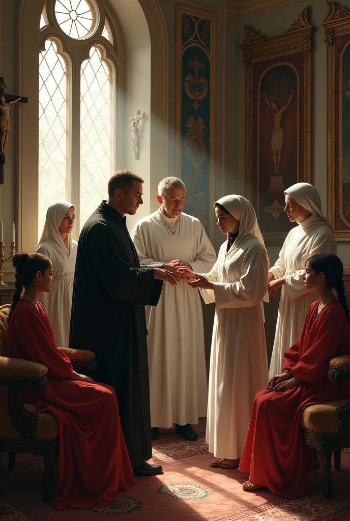 Living room with priests and some ladies talking. With a young priest ...