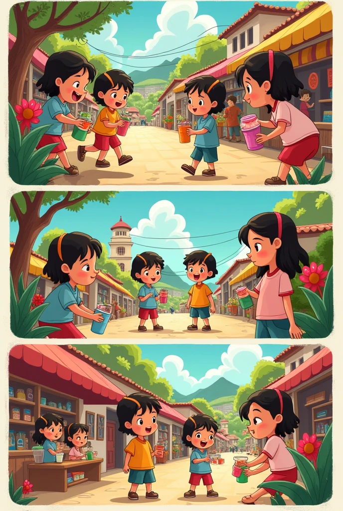 Create a simple and short 6-panel comic strip for children that tells ...