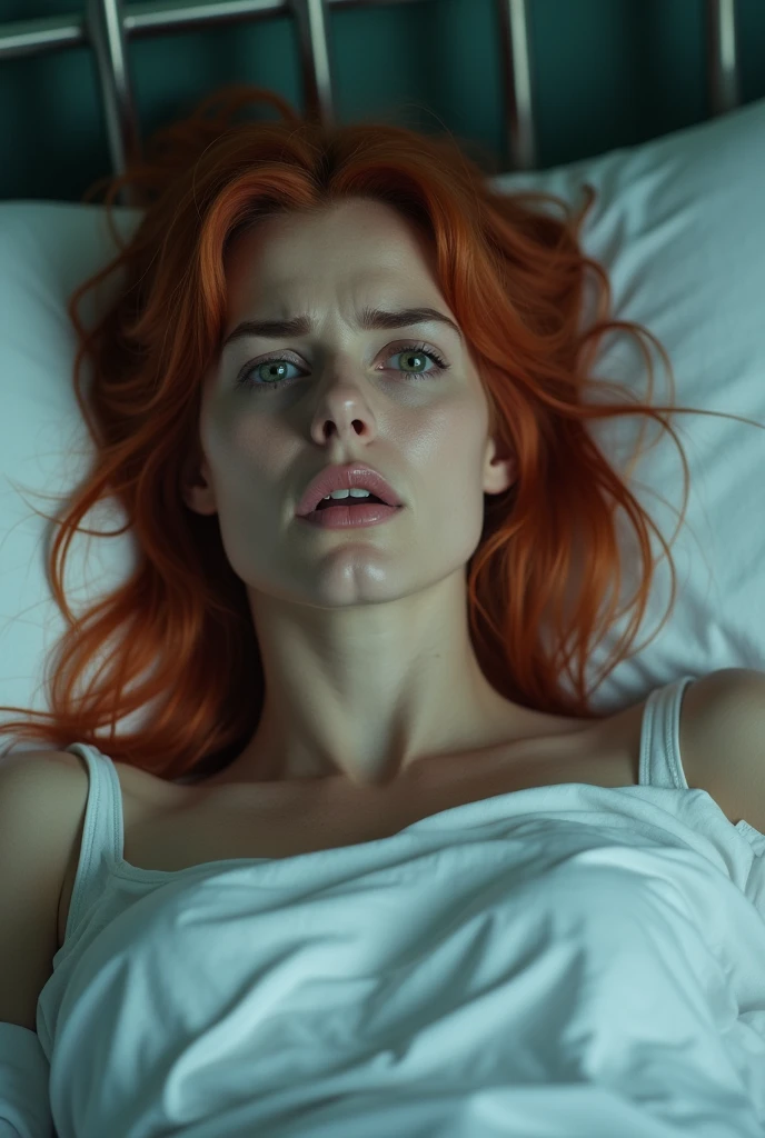 Portrait of an angry 1 Irish woman lying in a hospital bed. close up ...