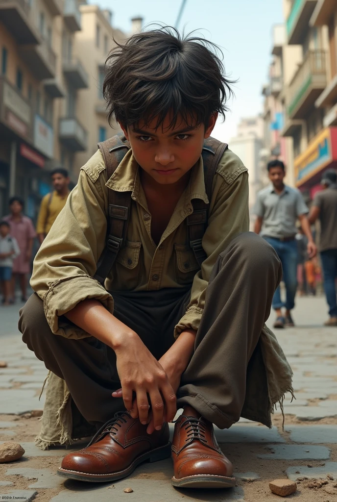 (photorealism:1.2),creates a poor teenager shining shoes in a square ...