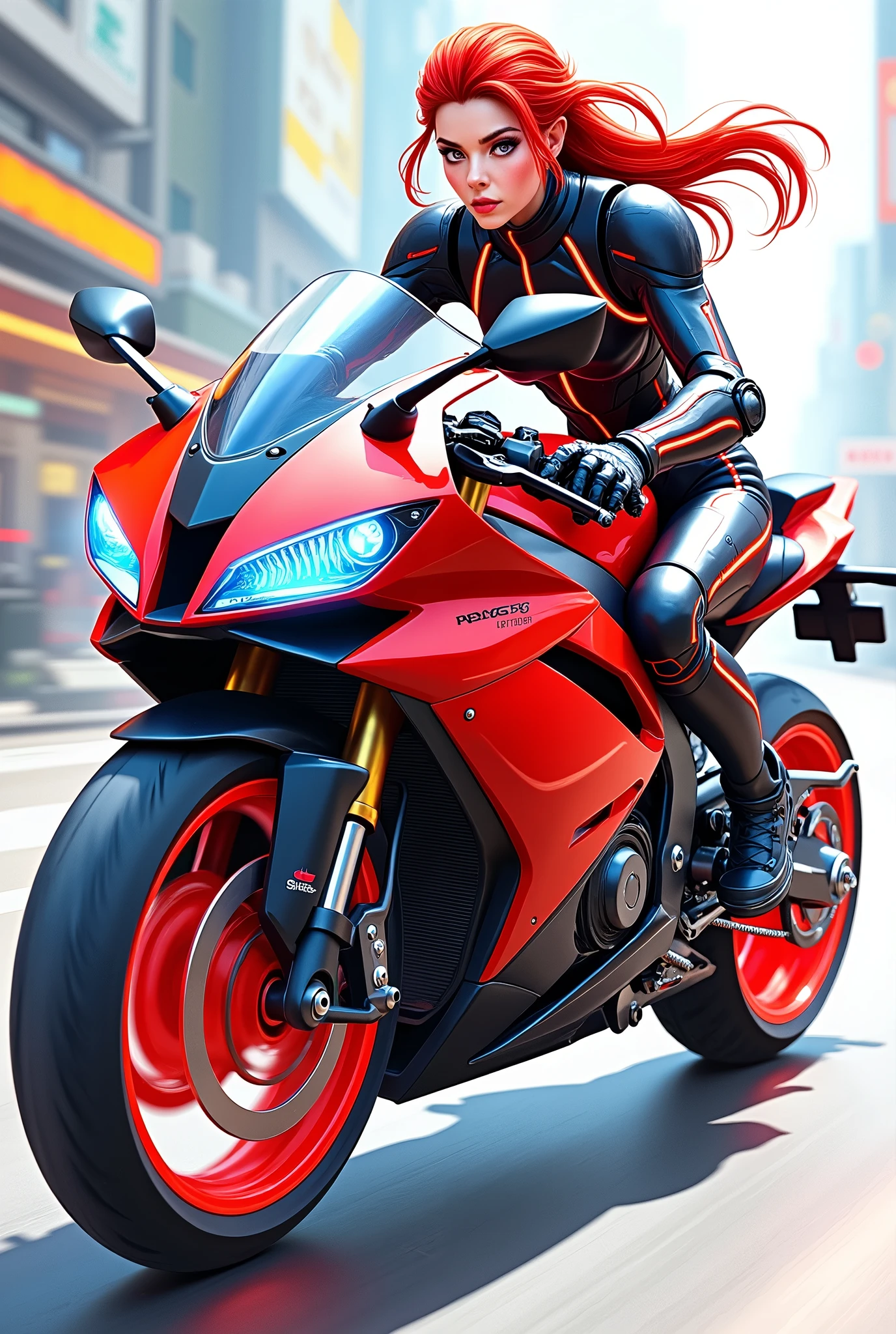 Anime girl riding a red motorcycle on a city street - SeaArt AI