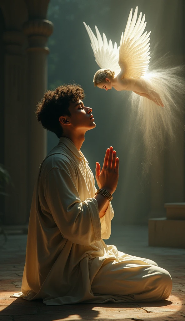 (photorealism:1.2), A young man praying and an angel watching over him ...