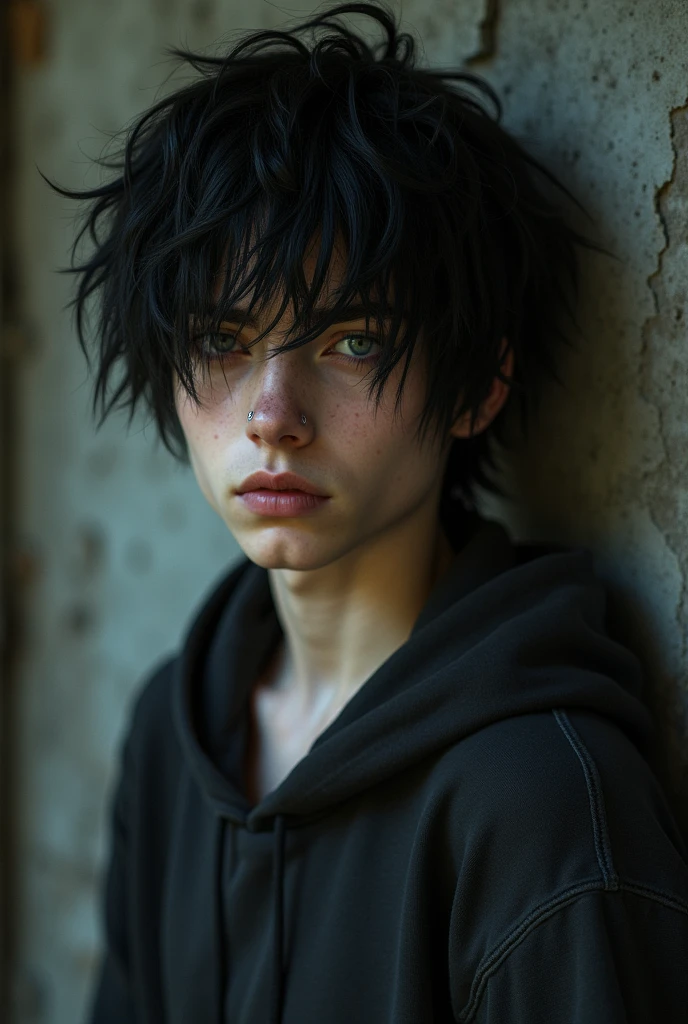 An American emo of the MALE gender, looking like a boy , black hair ...