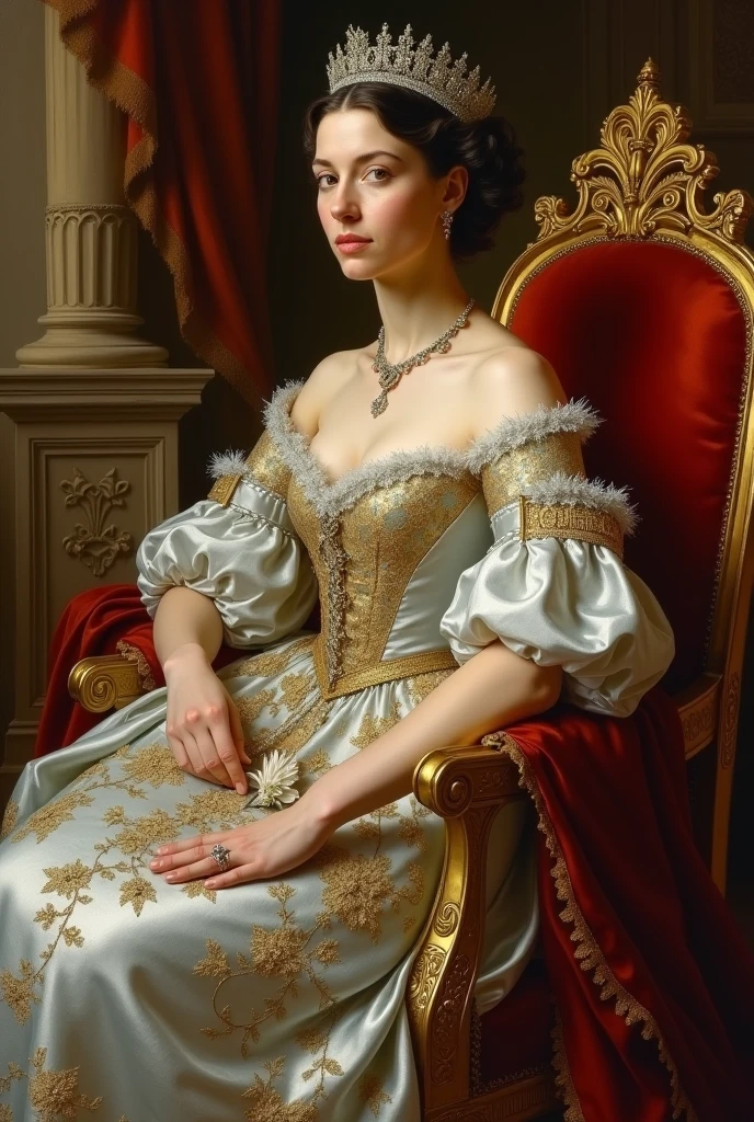 A paint of a queen wearing a big rococo dress, holding a flower - SeaArt AI