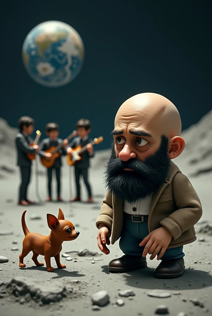 Bald man with black beard with small pinscher dog playing with the ...
