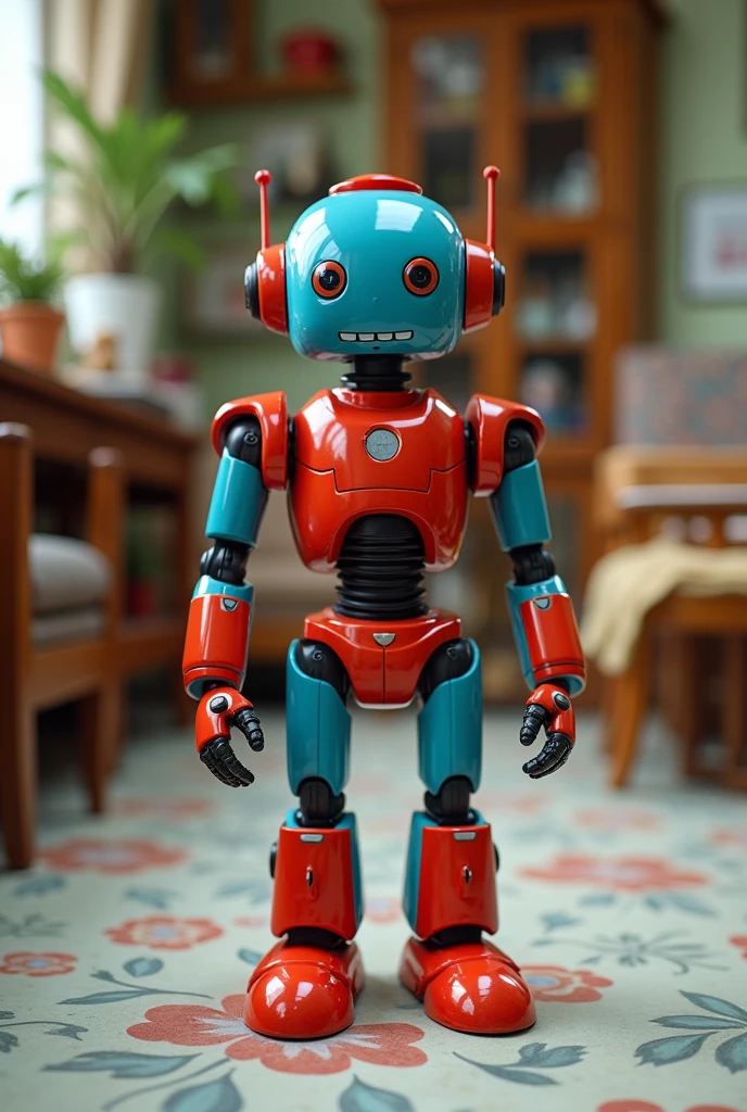 Robot toy, red and blue color, standing pose, indoor setting - SeaArt AI