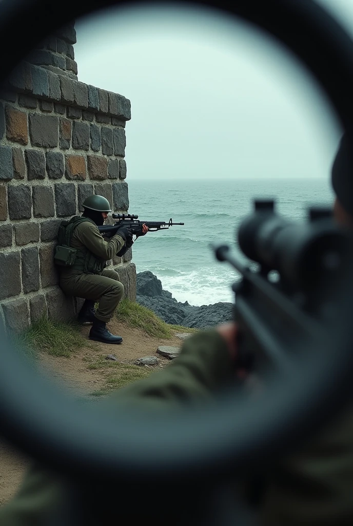 A soldier in the distance hides behind a stone stove. View through the ...