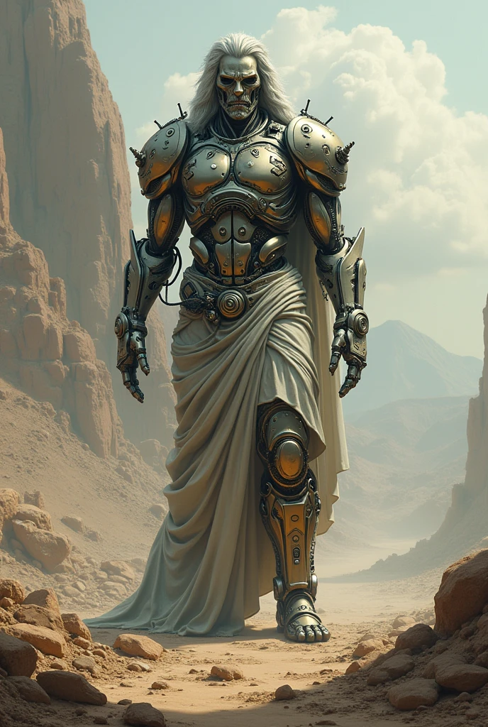 Greek god with mechanical parts and apocalyptic floor background ...