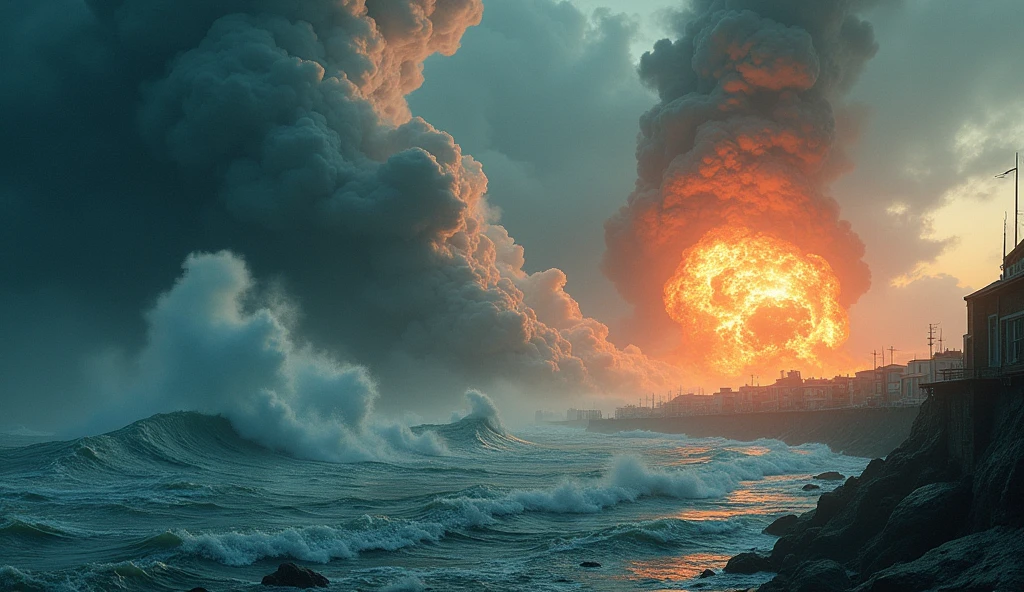 On the left side of the image, huge waves rise violently, ready to ...